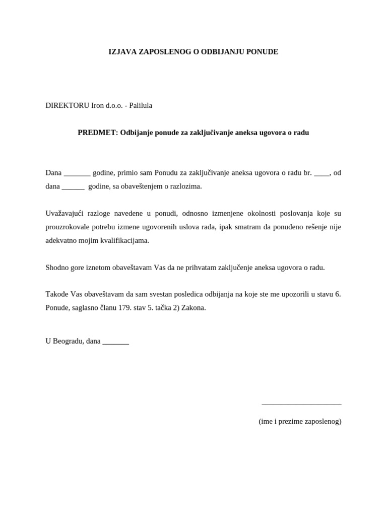 Izjava Zaposlenog o Odbijanju Ponude | PDF