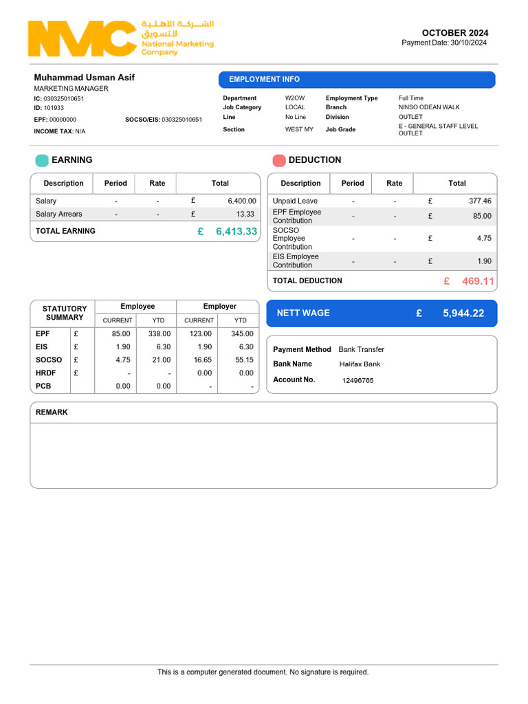 PAYSLIP Oct | PDF | Employment | Salary