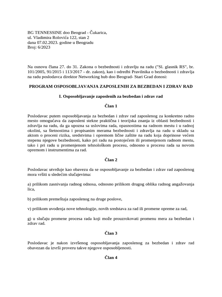 6.program Osposobljavanja Zaposlenih Za Bezbedan I Zdrav Rad | PDF