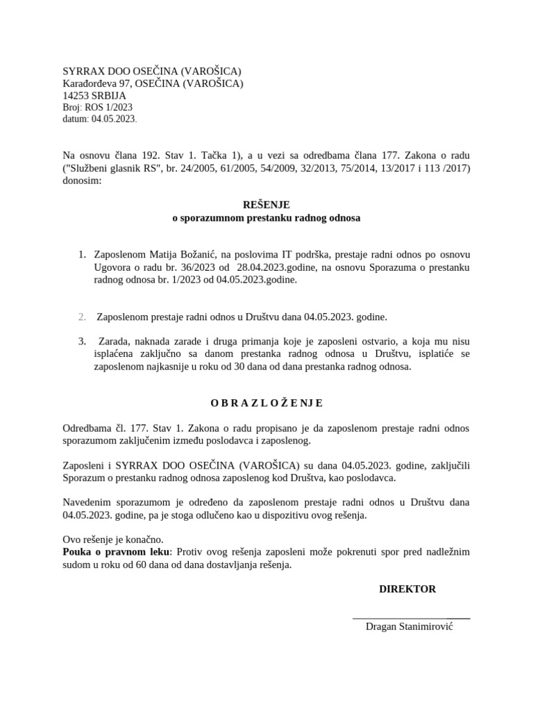 1-2023 - Rešenje sporazumni raskid - Matija Božanić | PDF