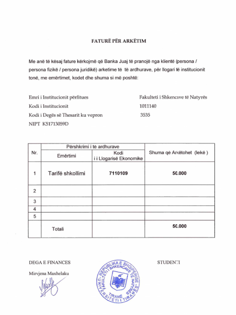 Tarifa Per Studentet e Ciklit Te Pare Programi I Dyte Studimi ...