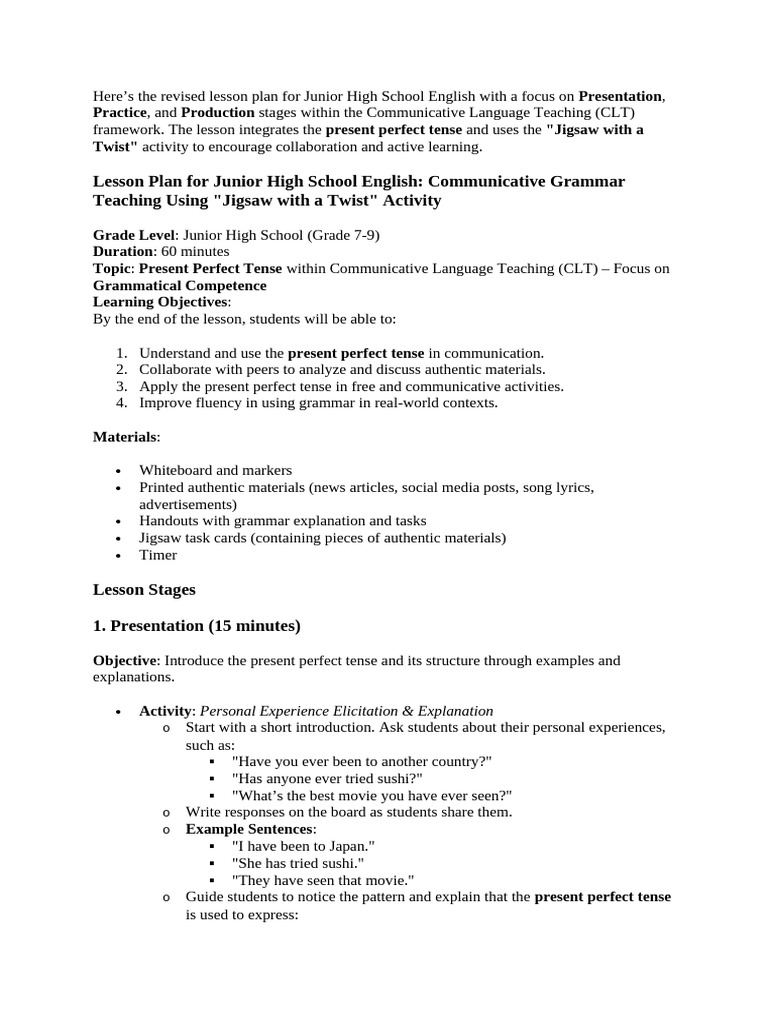 Junior High English Lesson: Present Perfect | PDF | Grammatical Tense ...