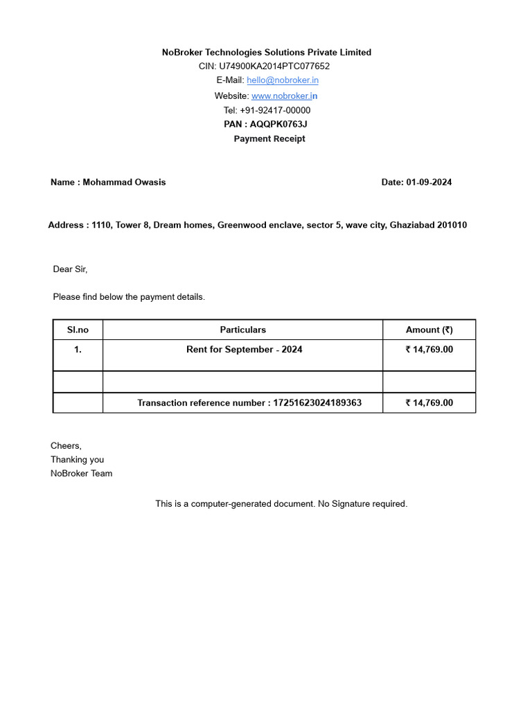 September 2024 Rent Receipt from NoBroker | PDF