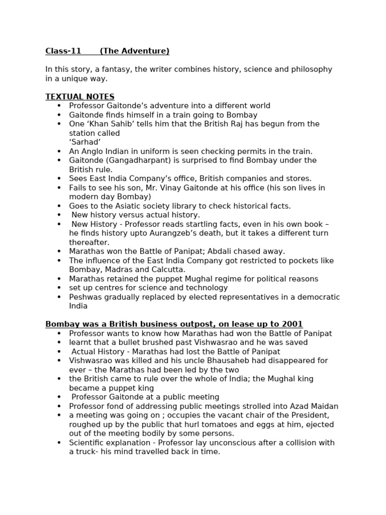 The Adventure - Class 11 (Notes) | PDF | Reality | Energy Level