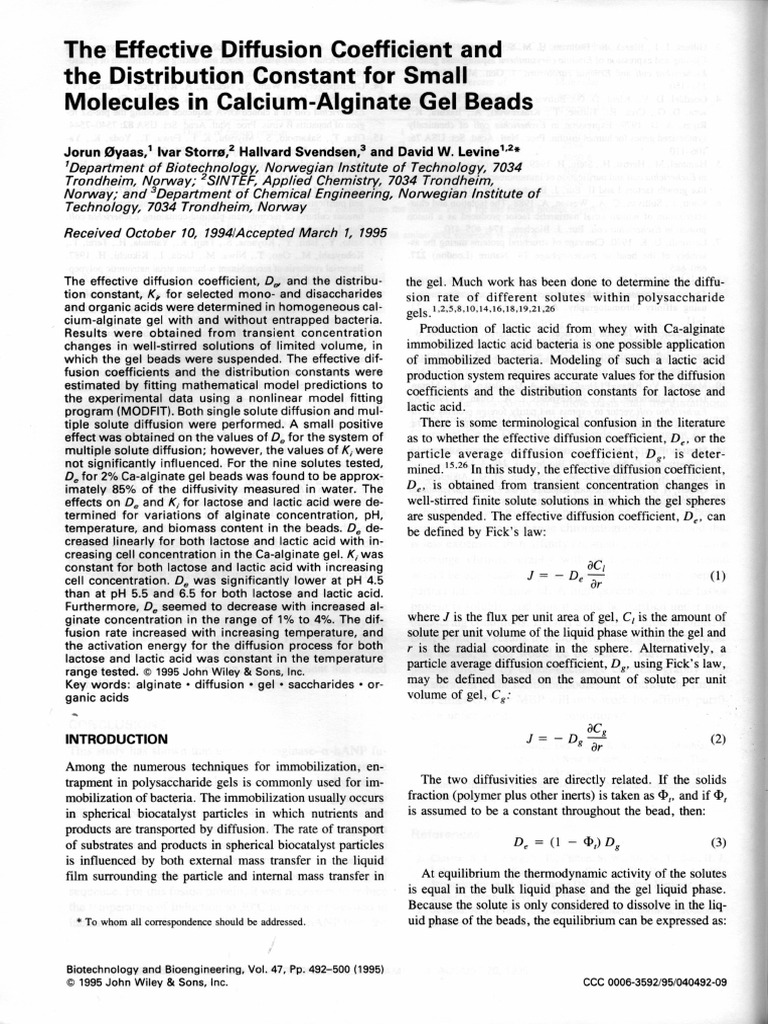1995 Oyaas Effective Diffusion Coefficient and Distribution Constant ...