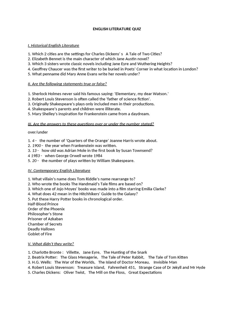 English Literature Quiz | PDF