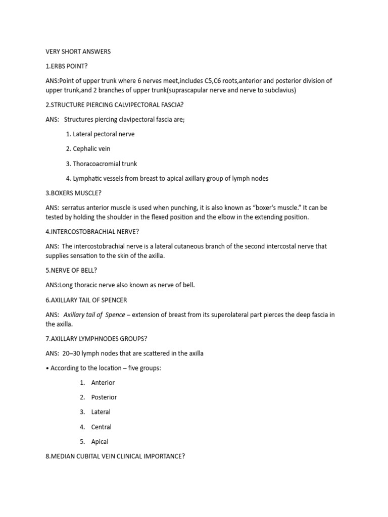 Very Short Answers Anatomy | PDF | Elbow | Hand