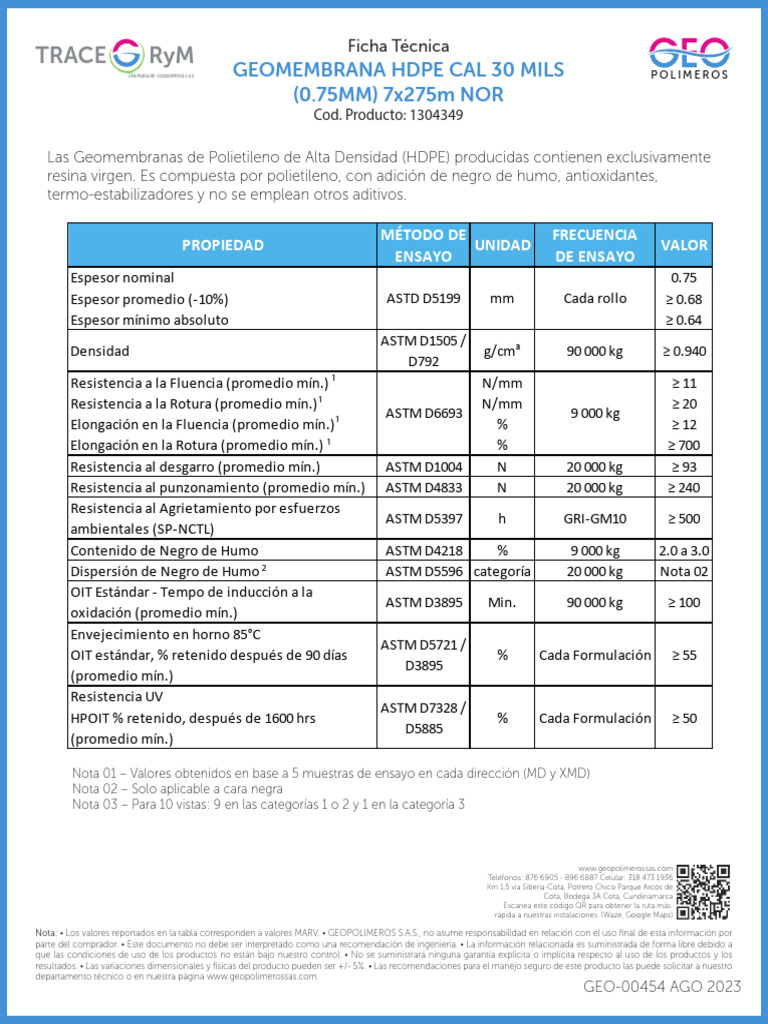 Ficha Técnica Geomembrana HDPE 30 Mils | PDF | Materiales