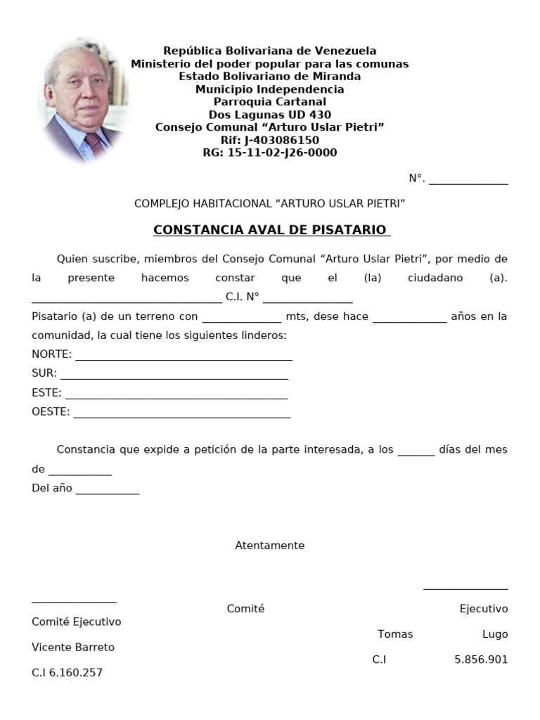 CONSTANCIA AVAL DE PISATARIO Arturo Uslar Pietri | PDF