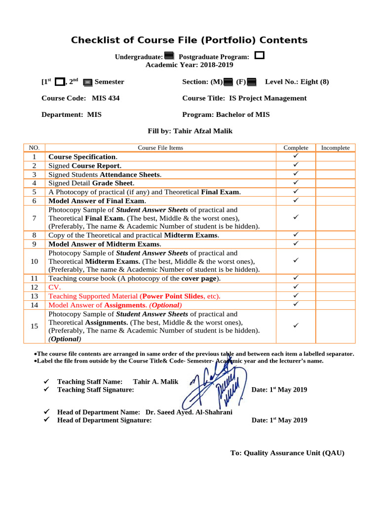 MIS Course File Checklist 2018-2019 | PDF | Academia | Higher Education
