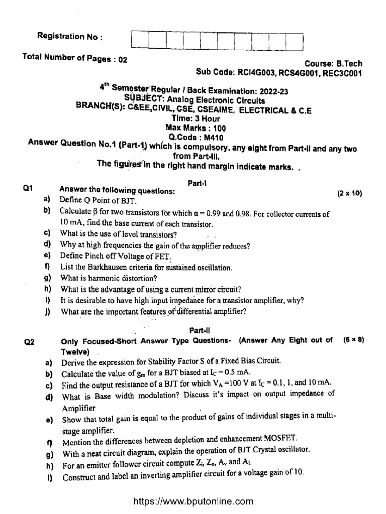 Btech Cee Civil Cse Cseaime Ece 4 Sem Analog Electronic Circuits Rci4g003 2023 | PDF
