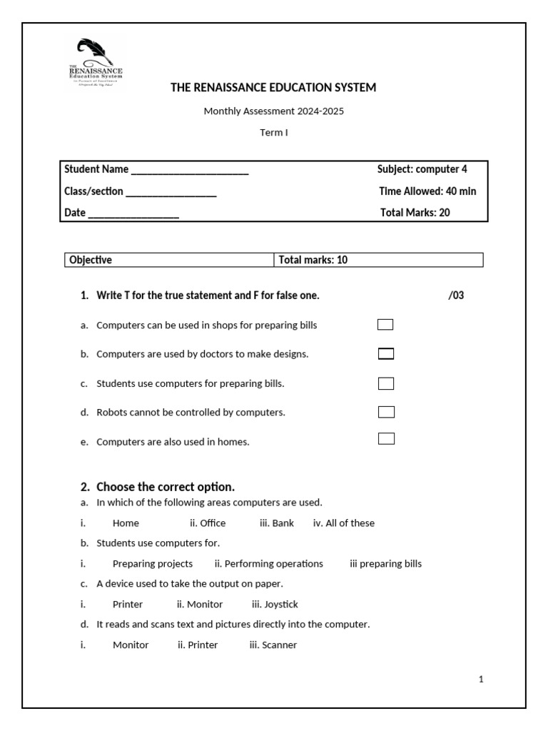 Computer Assessment for Grade 4 | PDF | Image Scanner | Equipment