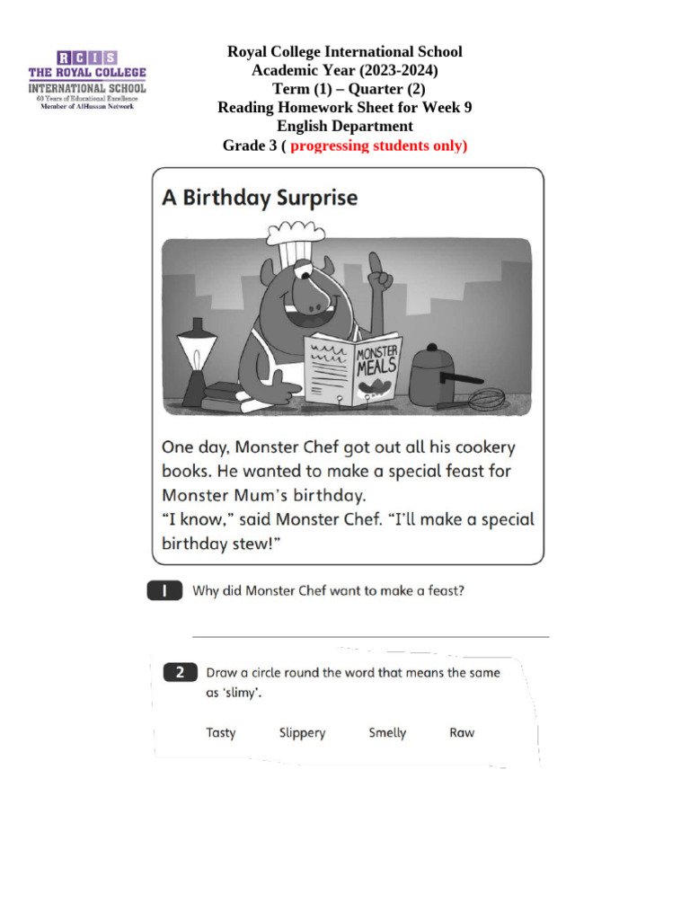 Reading H.W Week 10 %28 Struggling%29A Birthday Surprise | PDF