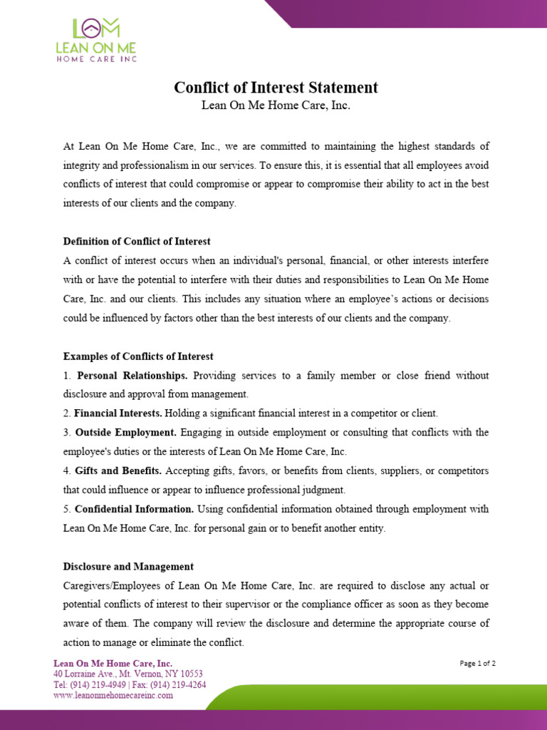 Conflict of Interest Statement - Lean On Me Home Care Inc - v092024 ...