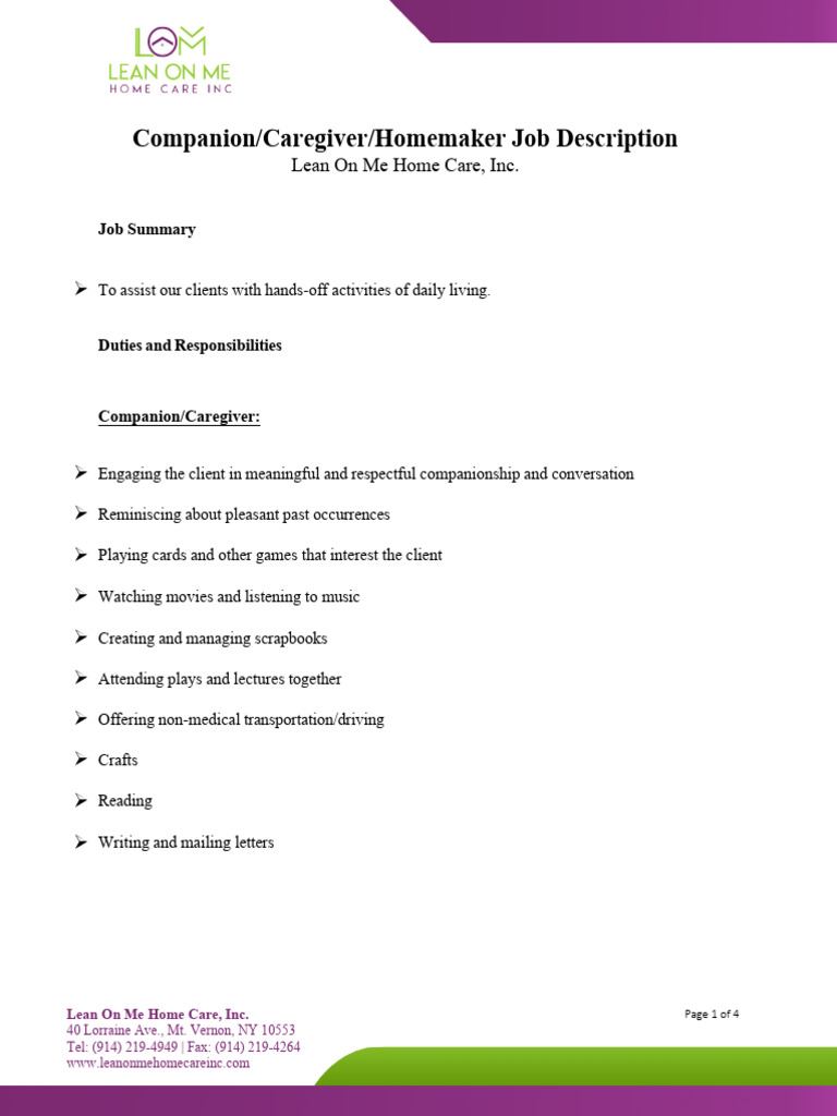 Companion - Caregiver Job Description - Lean On Me Home Care Inc ...
