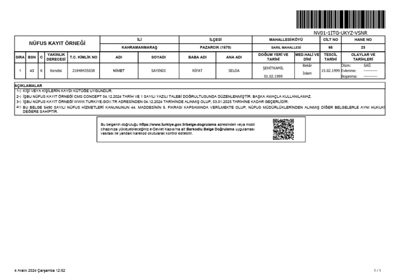 Nufus Kayit Ornegi | PDF