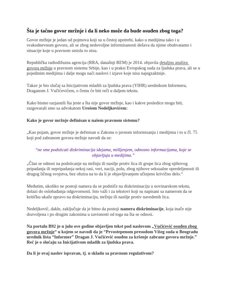 Šta Je Tačno Govor Mržnje I Da Li Neko Može Da Bude Osuđen Zbog Toga | PDF