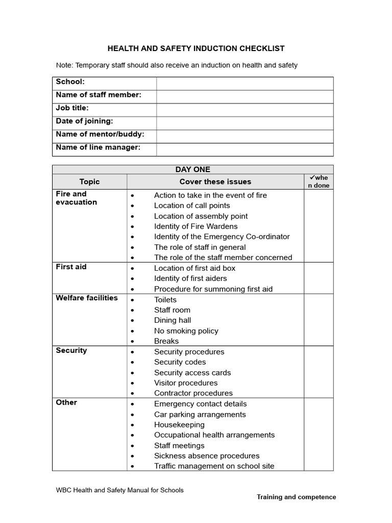 Health and Safety Induction Checklist | PDF | Occupational Safety And ...