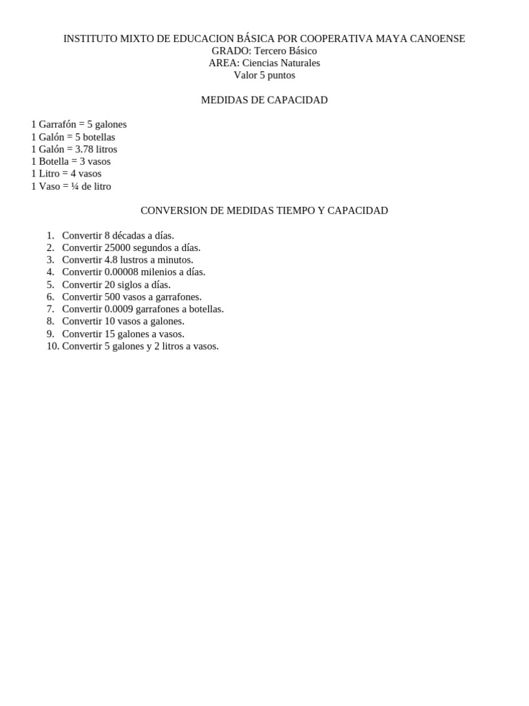 Conversion de Medidas Tiempo y Capacidad | PDF