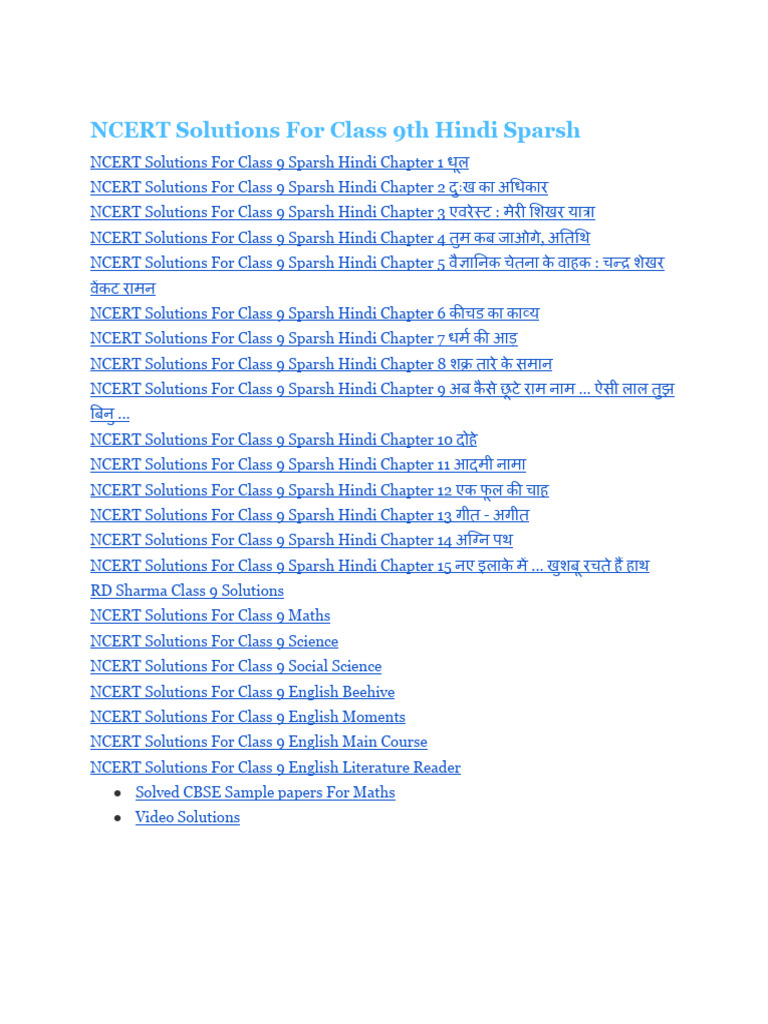 NCERTSolutions For Class 9 TH Hindi Sparsh | PDF | Economy Of India | Teaching