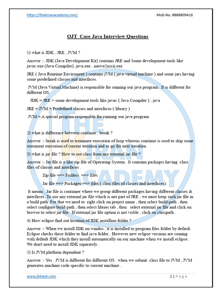OJT Core Java Interview Questions Lyst8139 | PDF | Method (Computer ...