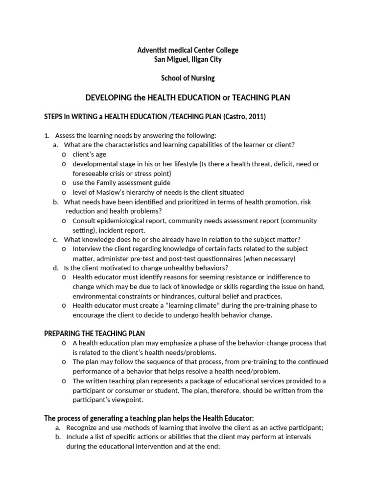 Health Teaching Plan Guide | PDF | Learning | Methodology