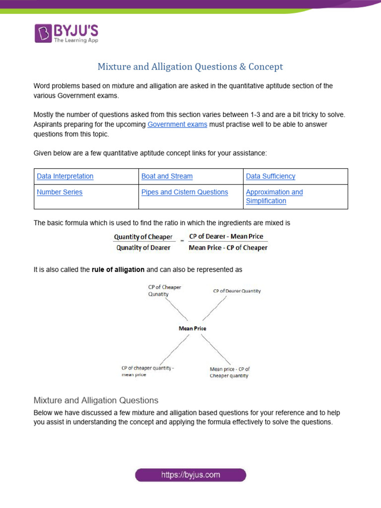 Mixture and Alligation Questions Concept | PDF