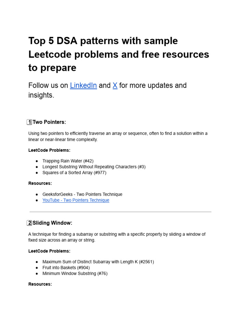 Top 5 DSA Patterns With Sample Leetcode Problems and Free Resources To Prepare | PDF