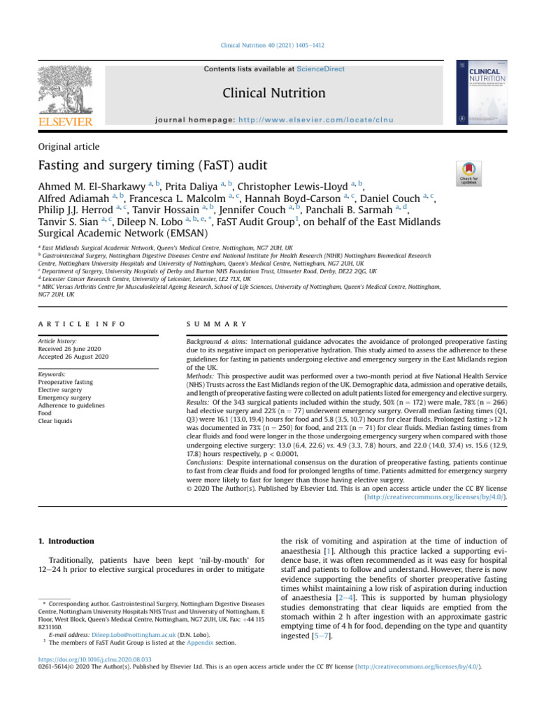 Fasting and Surgery Timing (FaST) Audit - 2020 - Yclnu | PDF ...