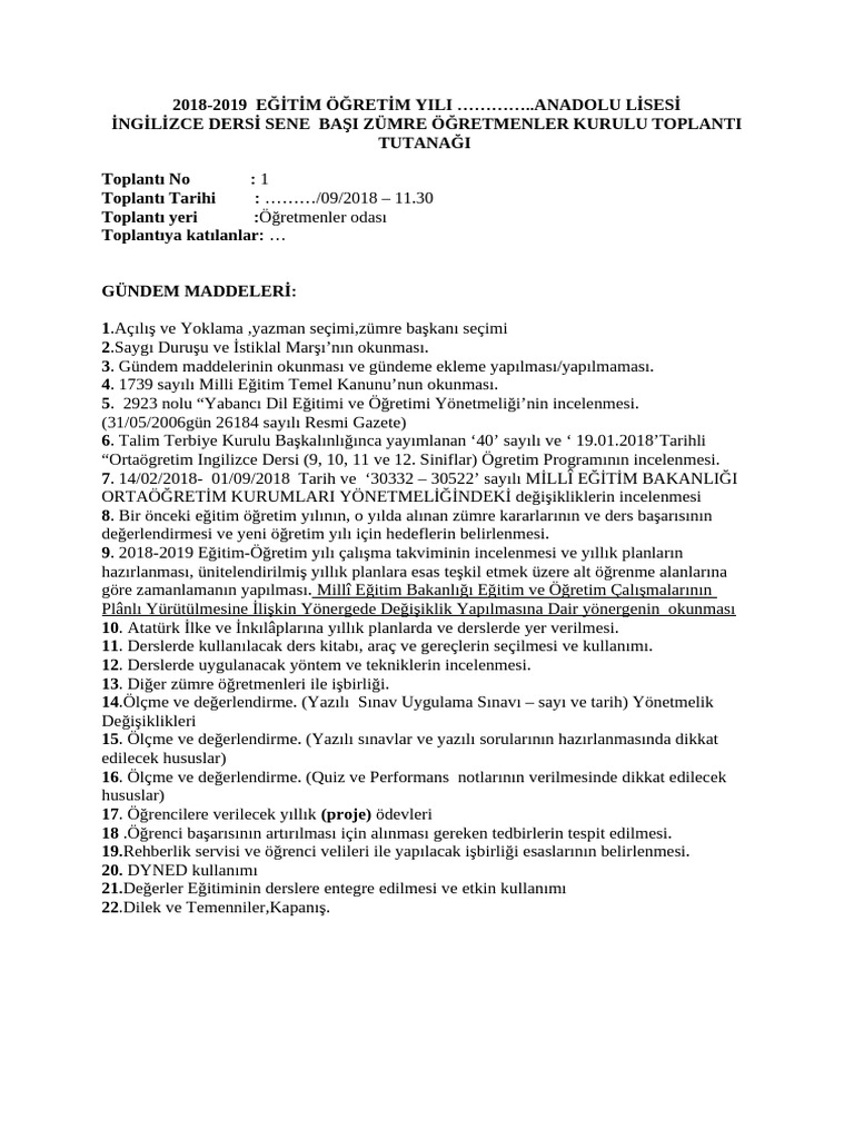 2018 2019 Eğitim Öğretim Yılı Ingilizce Dersi Sene Başı Zümre Toplantı ...