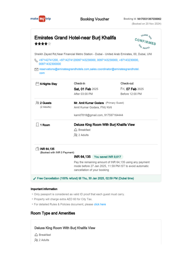 Hotel Booking Confirmation - 1 | PDF