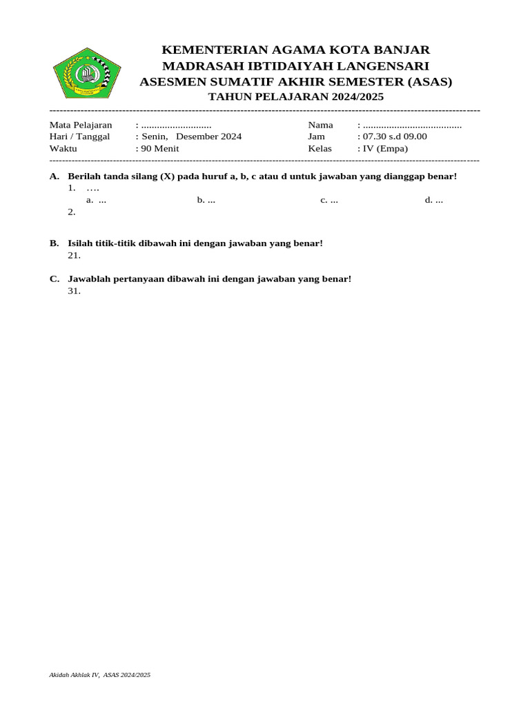 Template Lembar Soal ASAS | PDF