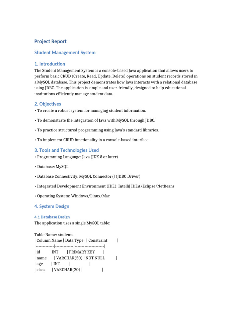 Java Student Management System Report | PDF | Databases | My Sql