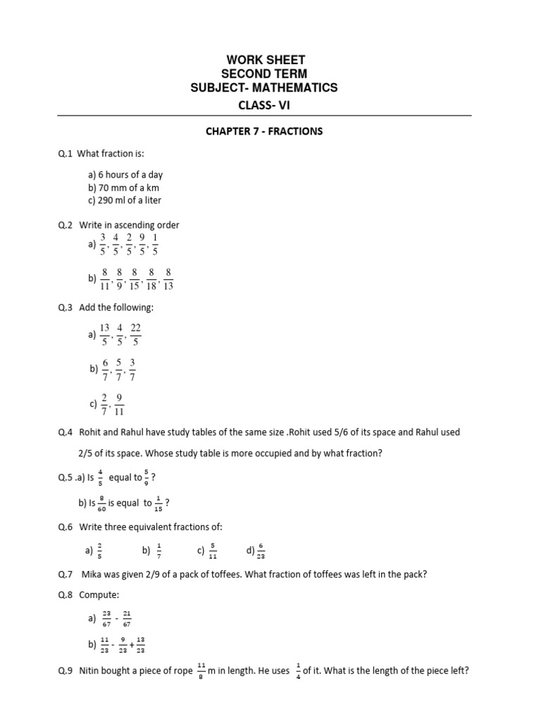 Class VI Mathematics Worksheet: Fractions, Decimals, Data Handling ...