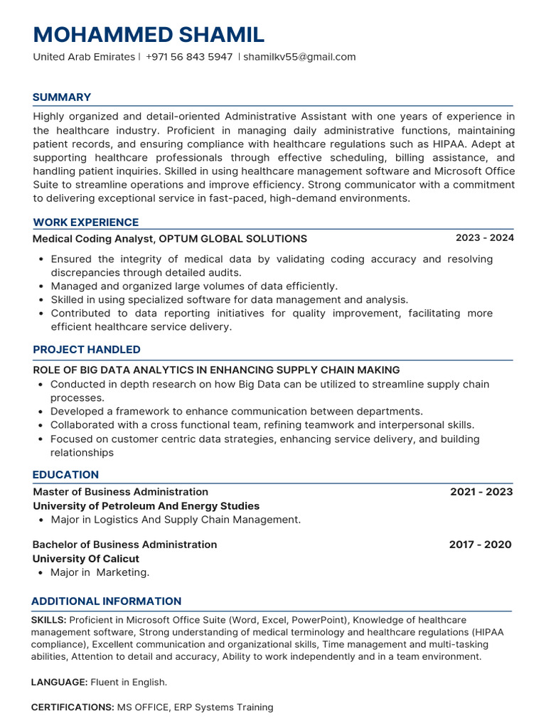Mohammed Shamil Administrative Assistant Resume | PDF | Health Care | Supply Chain
