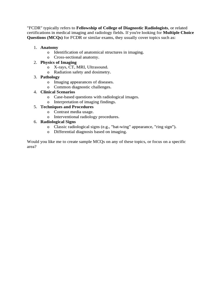 FCDR Exam MCQs: Radiology Topics Overview | PDF
