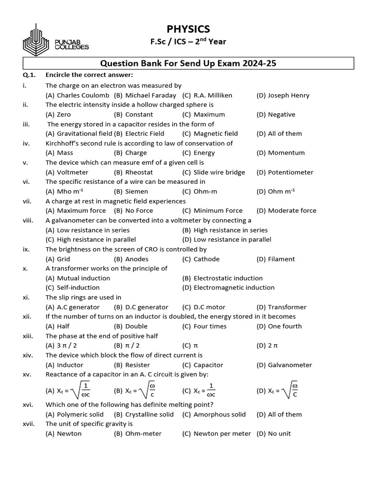 Physics Question Bank For Send Up 2024-25 | PDF | Inductance | Inductor