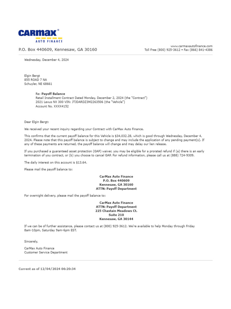 CarMax Auto Finance Payoff Details | PDF