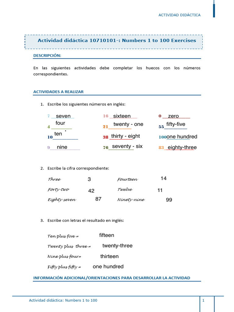 Acd_10710101_numbers 1 to 100 Exercises | PDF
