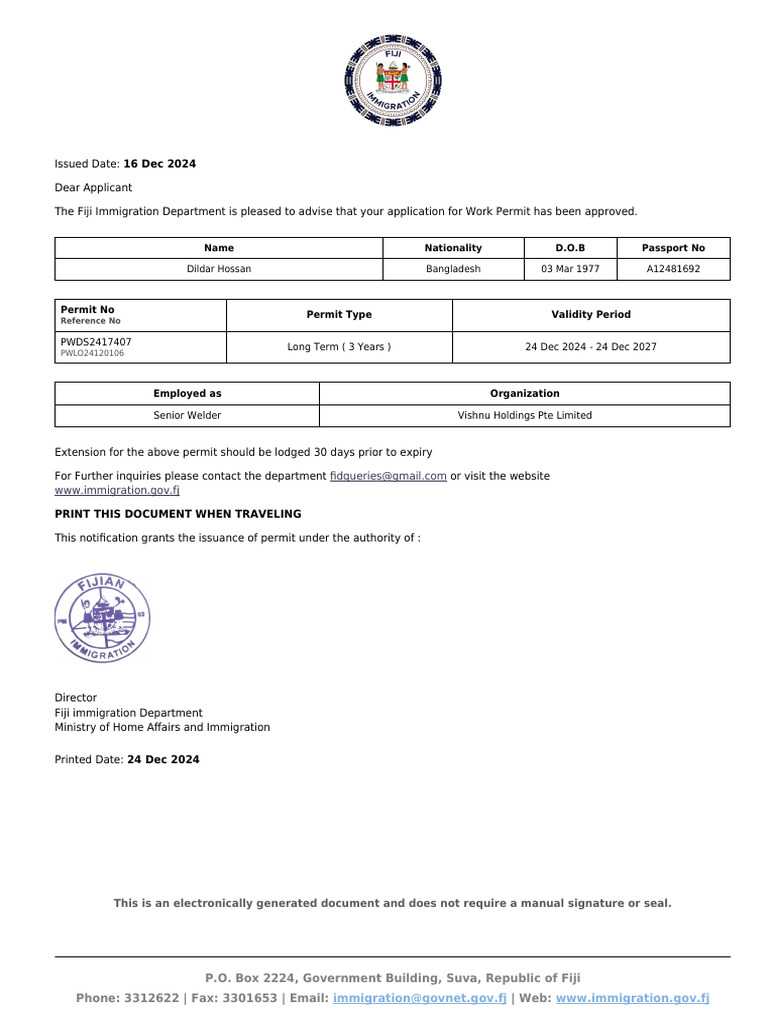Fiji Work Permit Approval Notice | PDF