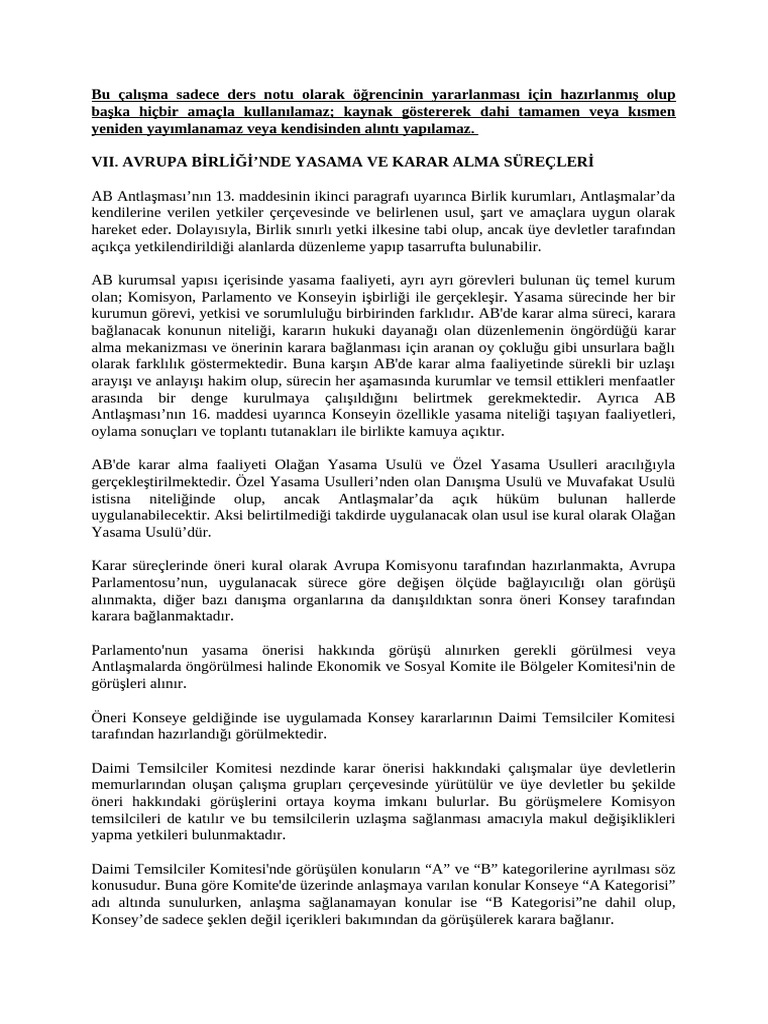Ders AVRUPA BİRLİĞİ'NDE YASAMA VE KARAR ALMA SÜREÇLERİ | PDF