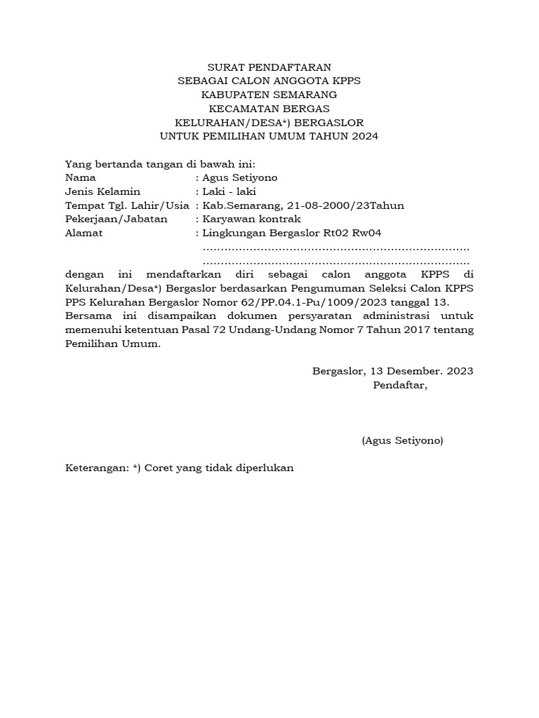 00 SURAT PENDAFTARAN v1 Agus Setiyono | PDF