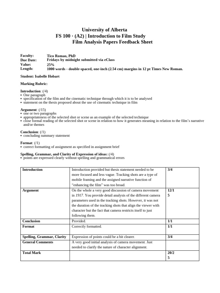 Isabelle Hobart - FS100 (A2) Film Analysis Papers - Camera Movement 2 | PDF | Camera