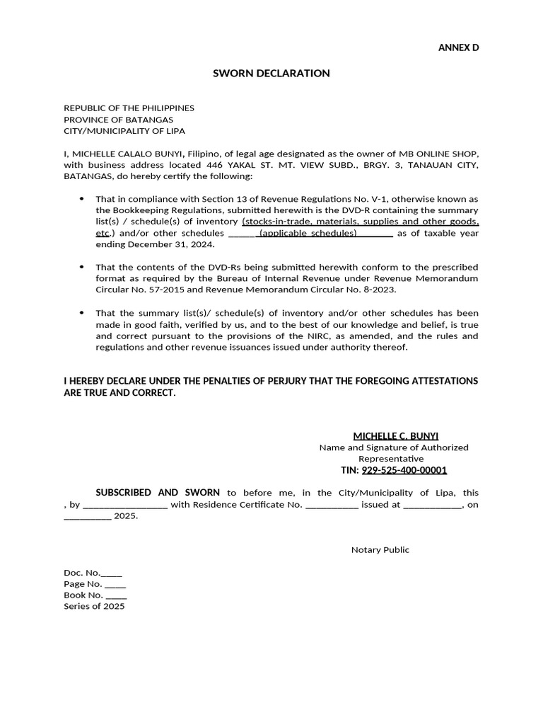 ANNEX D | PDF | Notary Public | Document