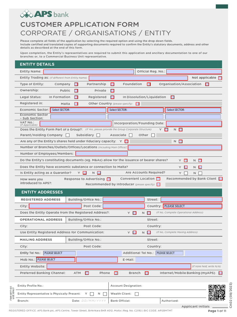 CA02 Customer Application Form Corporate Organisations Entities | PDF | Banks | Cash