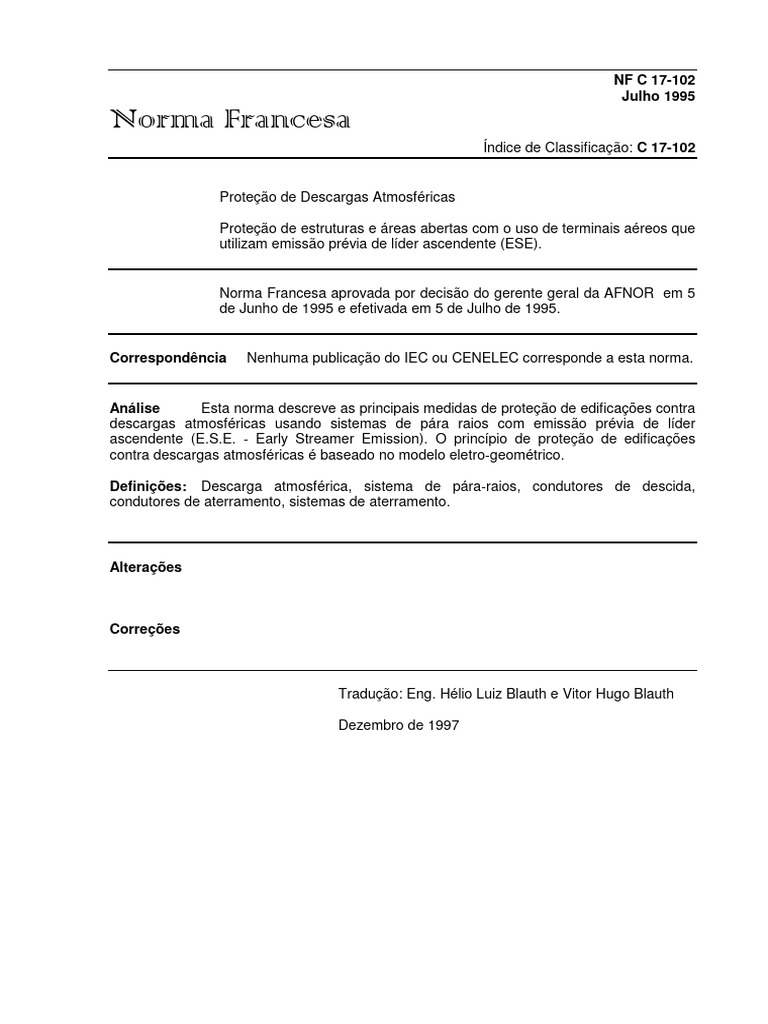 Norma Francesa NF C 17-102 | PDF | Relâmpago | Eletricidade
