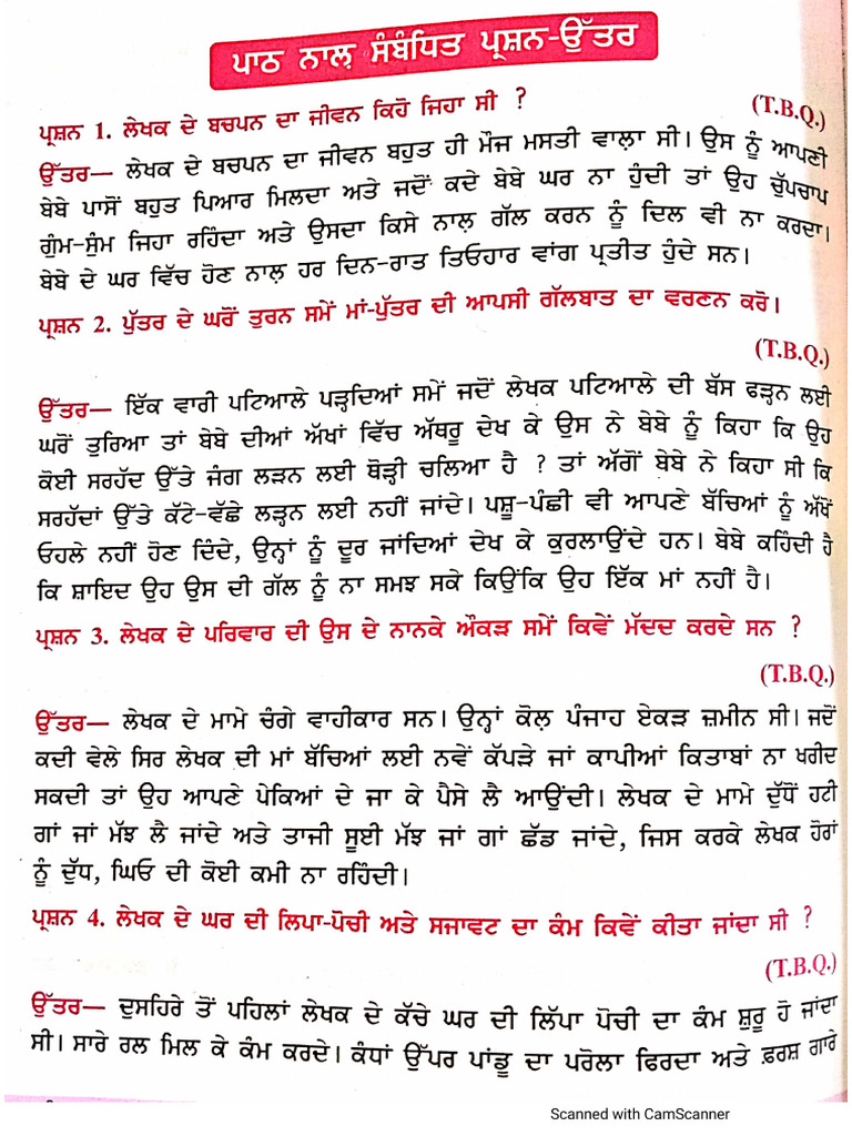 Bebe Ji Chapter Ques - Ans | PDF