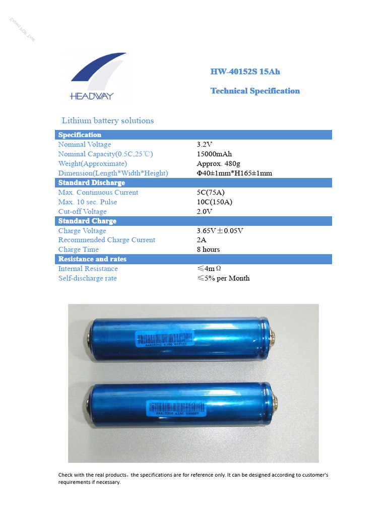 Headway 40152S 15Ah Battery Specs | PDF | Electrical Components ...