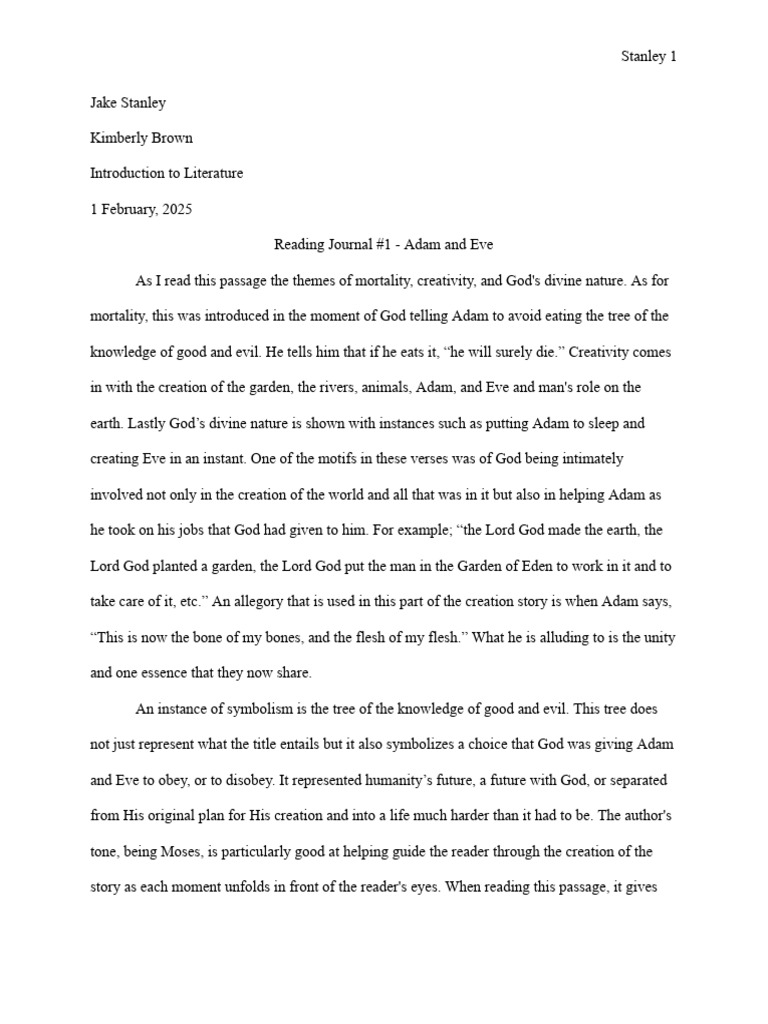 Reading Journal #1 - Adam and Eve | PDF | Adam | Genesis Creation Narrative
