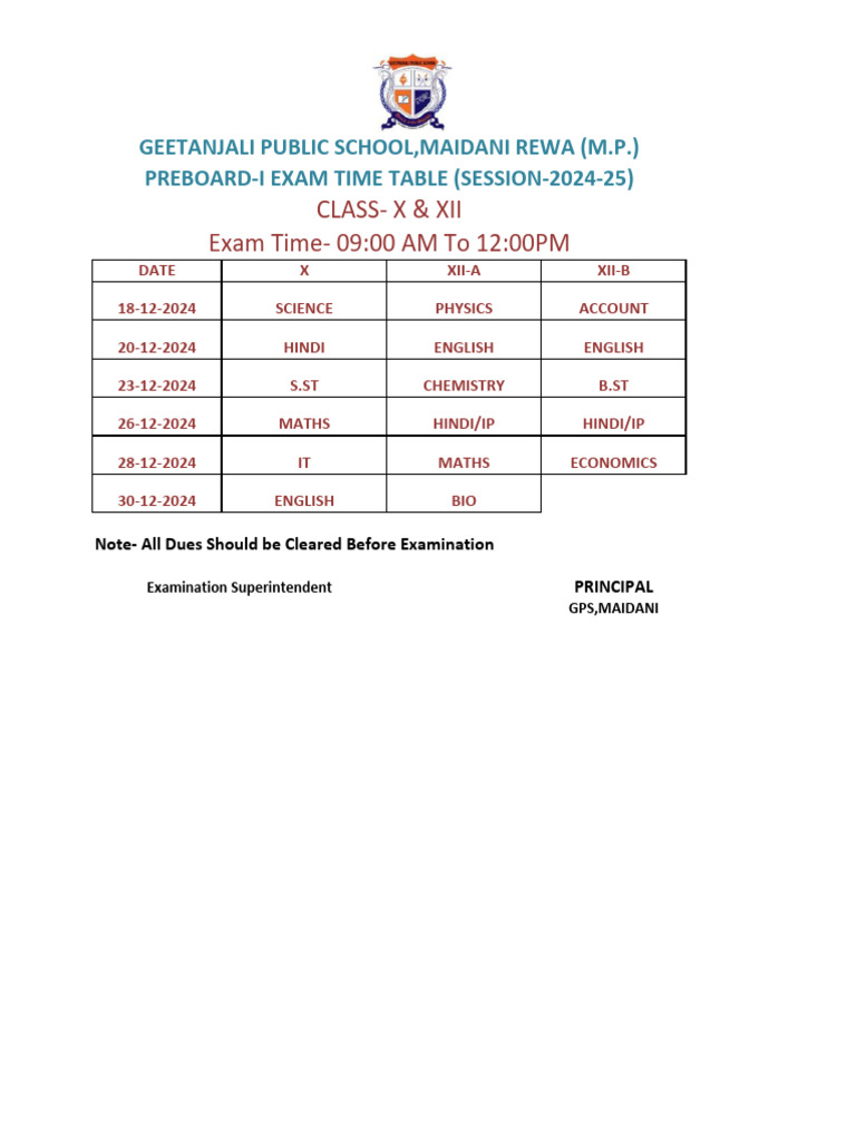 X&xii Preboard - I Exam Time Table 2024-25 | PDF